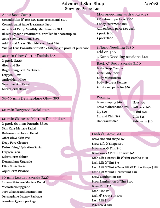 Service Price List – Glow, Sculpt, and Relax at Advanced Skin Shop